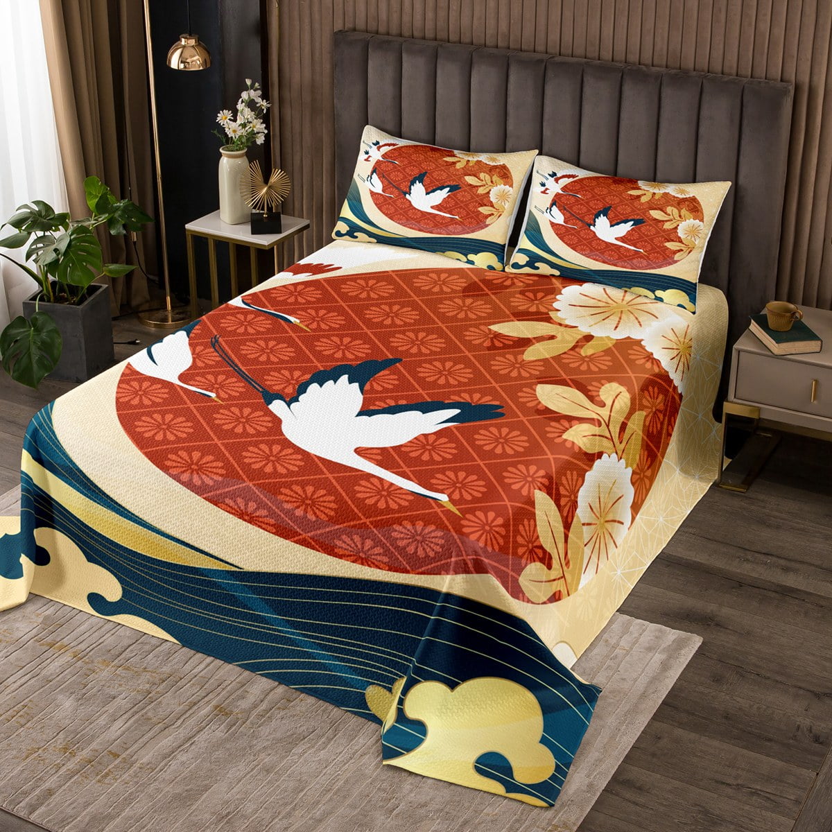 YST Japanese Ukiyoe King Quilt Set White Crane Coverlet Set, Oriental ...