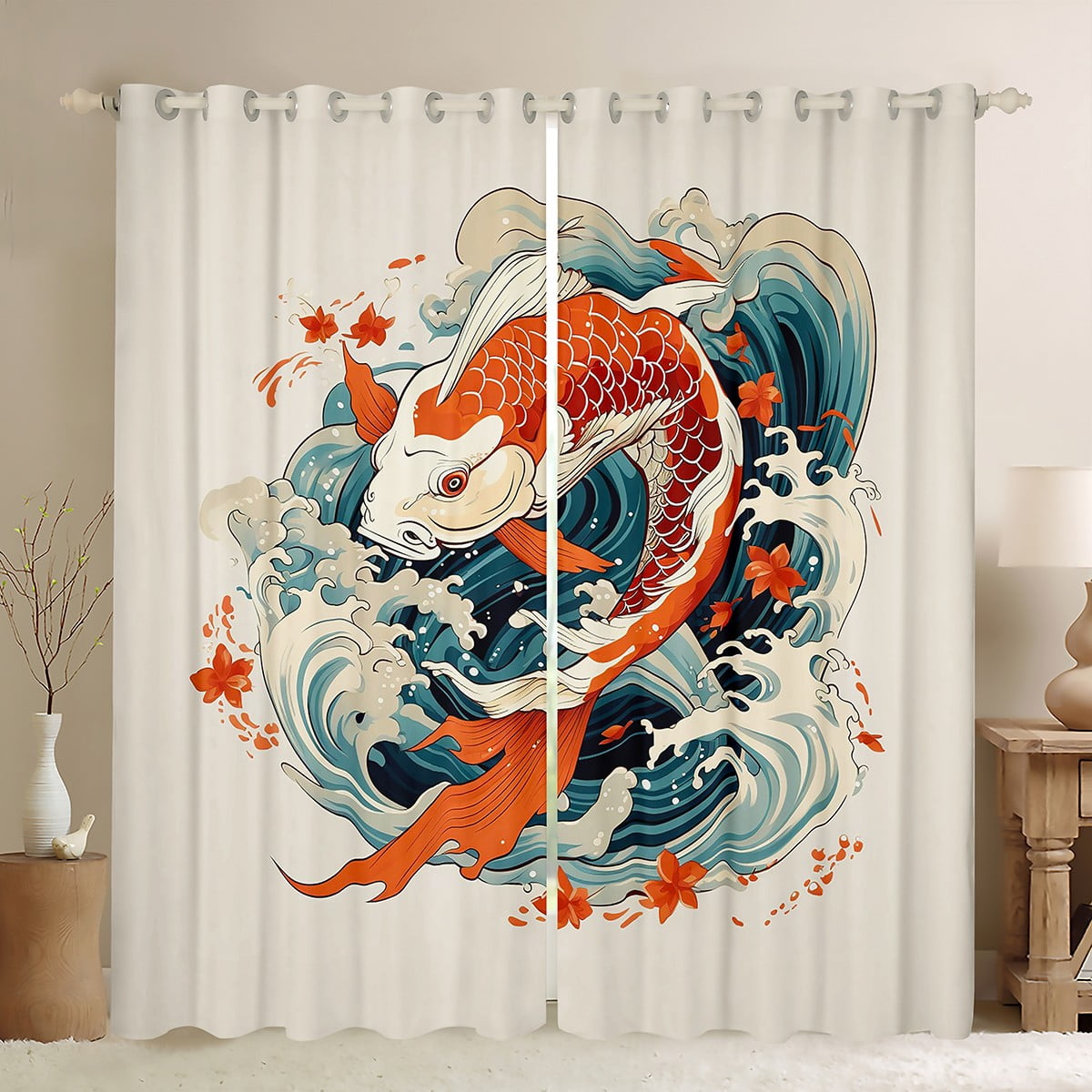 Japanese Ukiyoe Red Fish Curtains Japanese Style 30%-50% Blackout ...