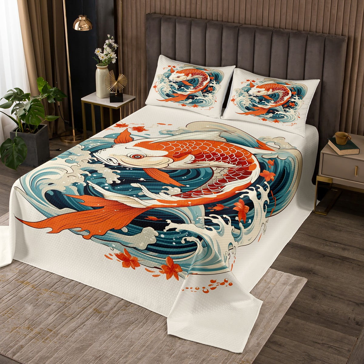 Japanese Ukiyoe Red Fish Quilt Set Japanese Style Coverlet Set Exotic ...