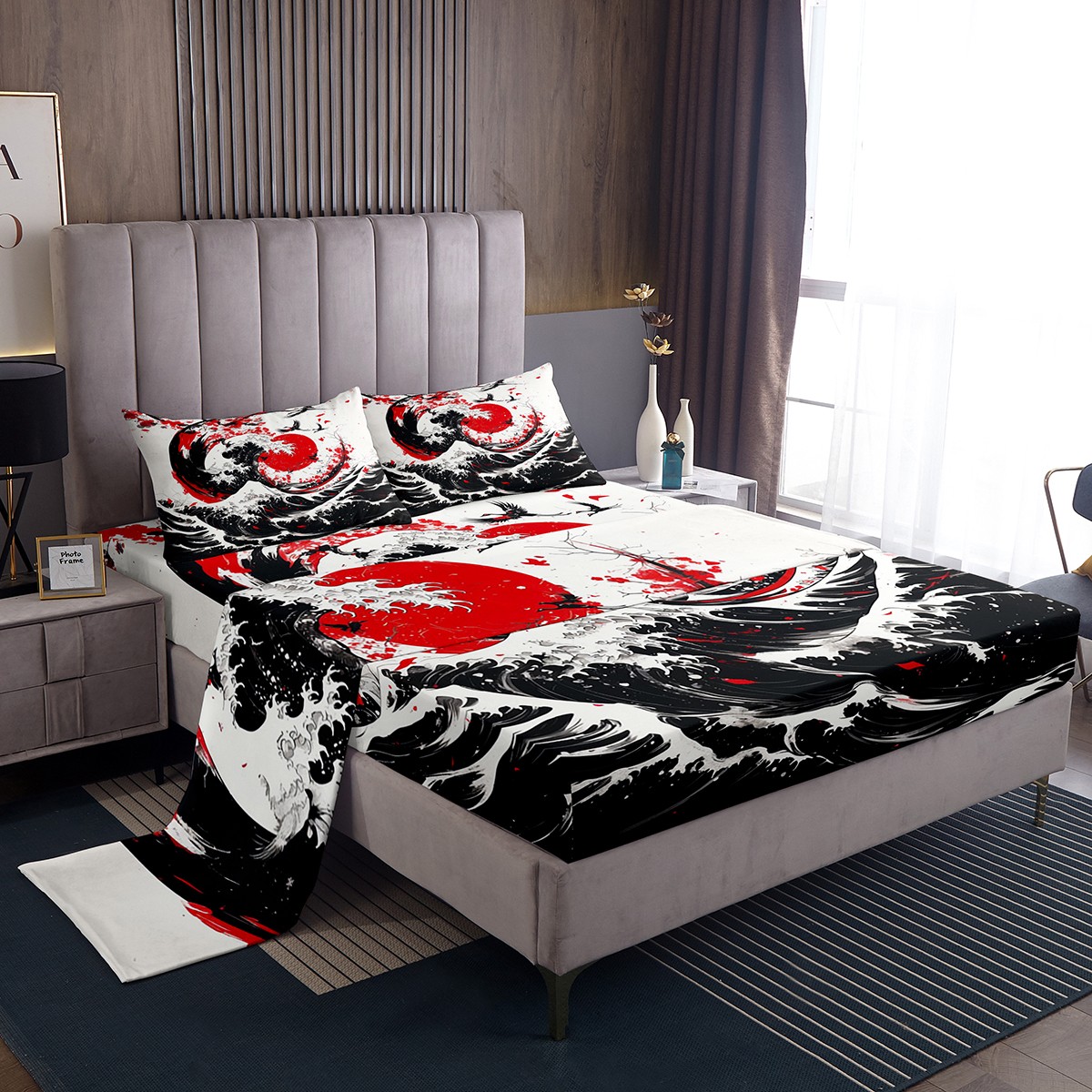 YST Japanese Wave Sheets Queen, Sakura Flowers Crane Sheet Set For Kids ...