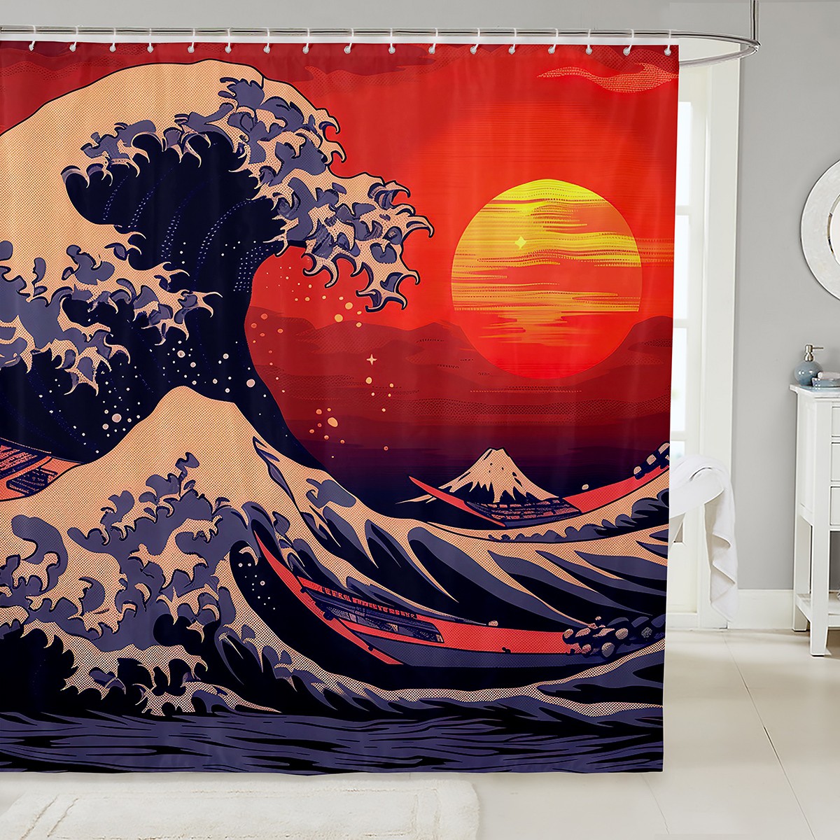 Japanese Wave Shower Curtain Chic Ocean Wave Fabric Shower Curtain,Japanese Ukiyoe Theme ...