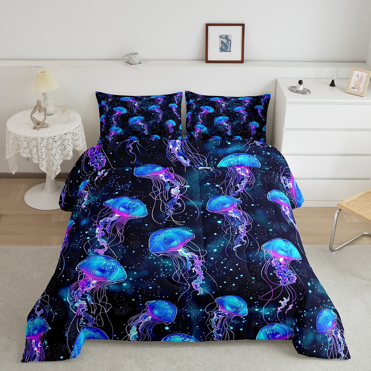 YST Jellyfish Comforter Set Full Marine Life Bedding For Kids Boys Girls Black Blue Neon Ombre ...