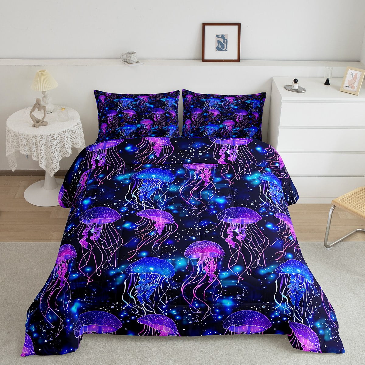 Jellyfish Comforter Set Queen Sea Life Bedding Blue Purple Neon Ombre ...