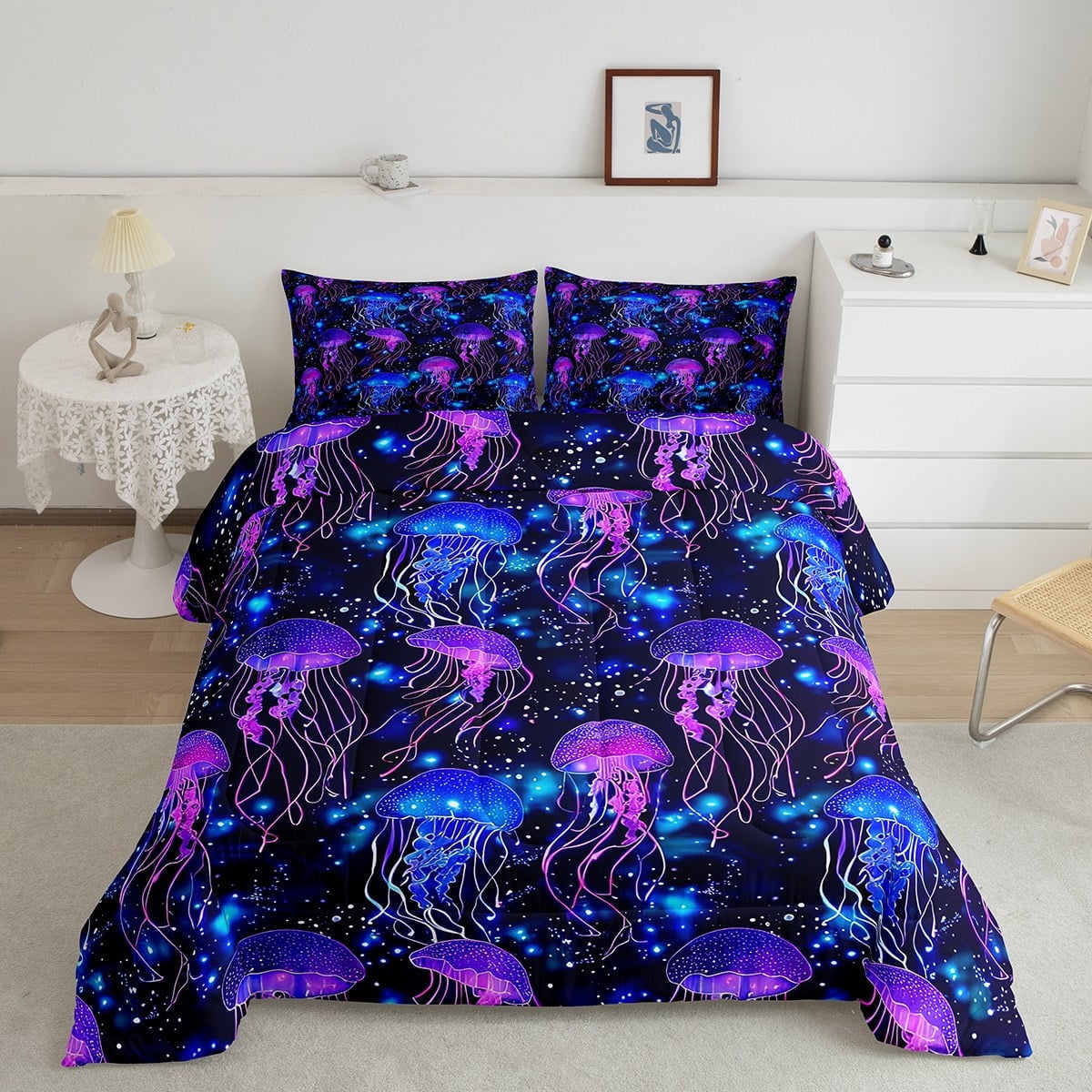 Jellyfish Comforter Set Twin Sea Life Bedding Blue Purple Neon Ombre Light Ocean Bubbles Bedding ...
