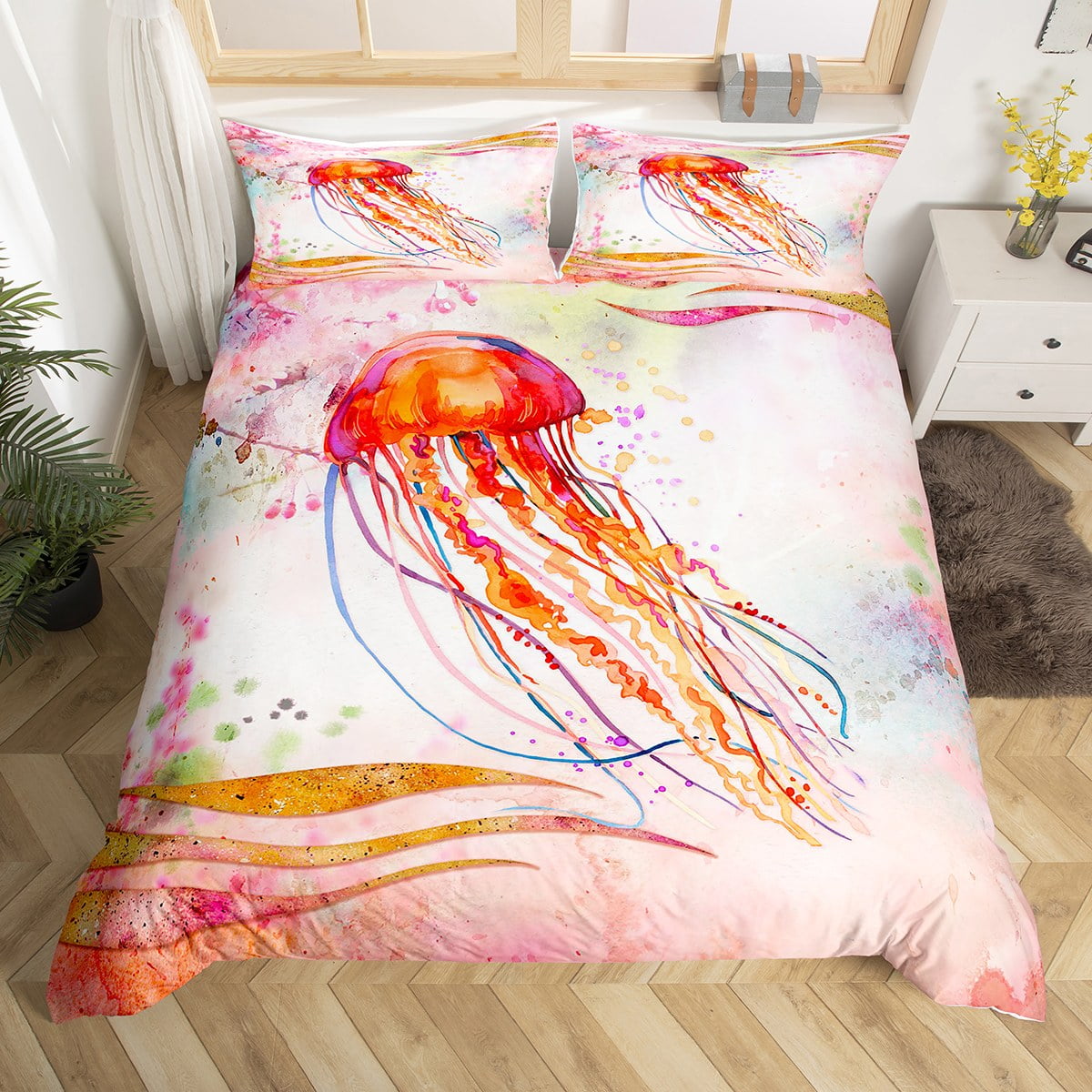 Erosebridal Jellyfish Duvet Cover, Pink Cherry Blossoms Comforter Cover ...