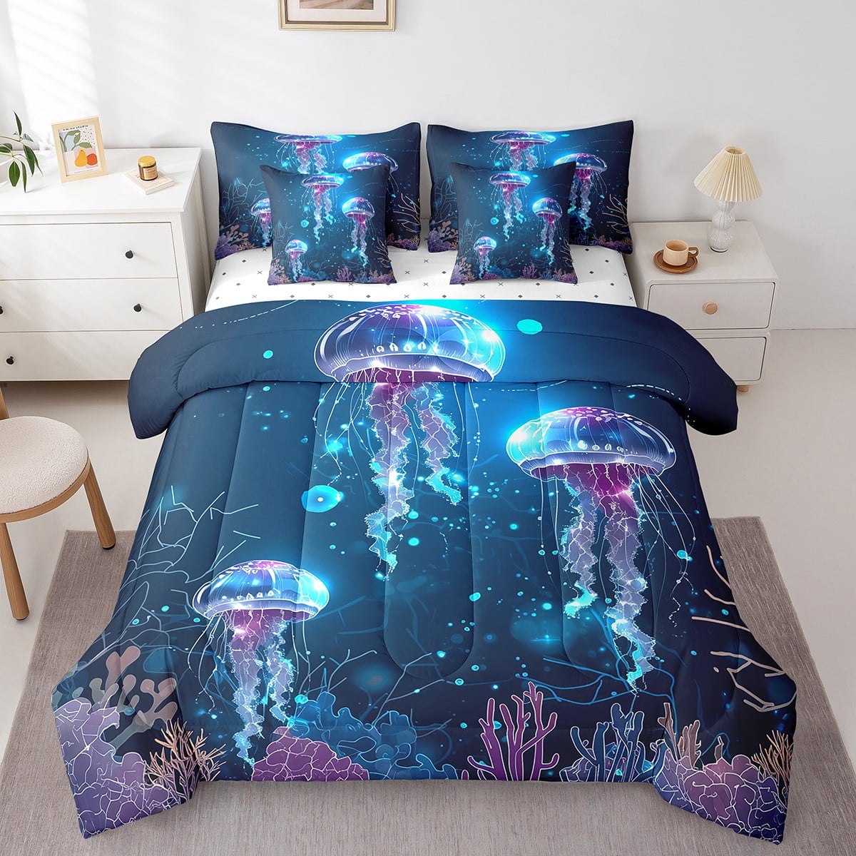 YST Jellyfish Queen Bedding Set 7 Piece,Ellyfish Coral Bed in A Bag ...