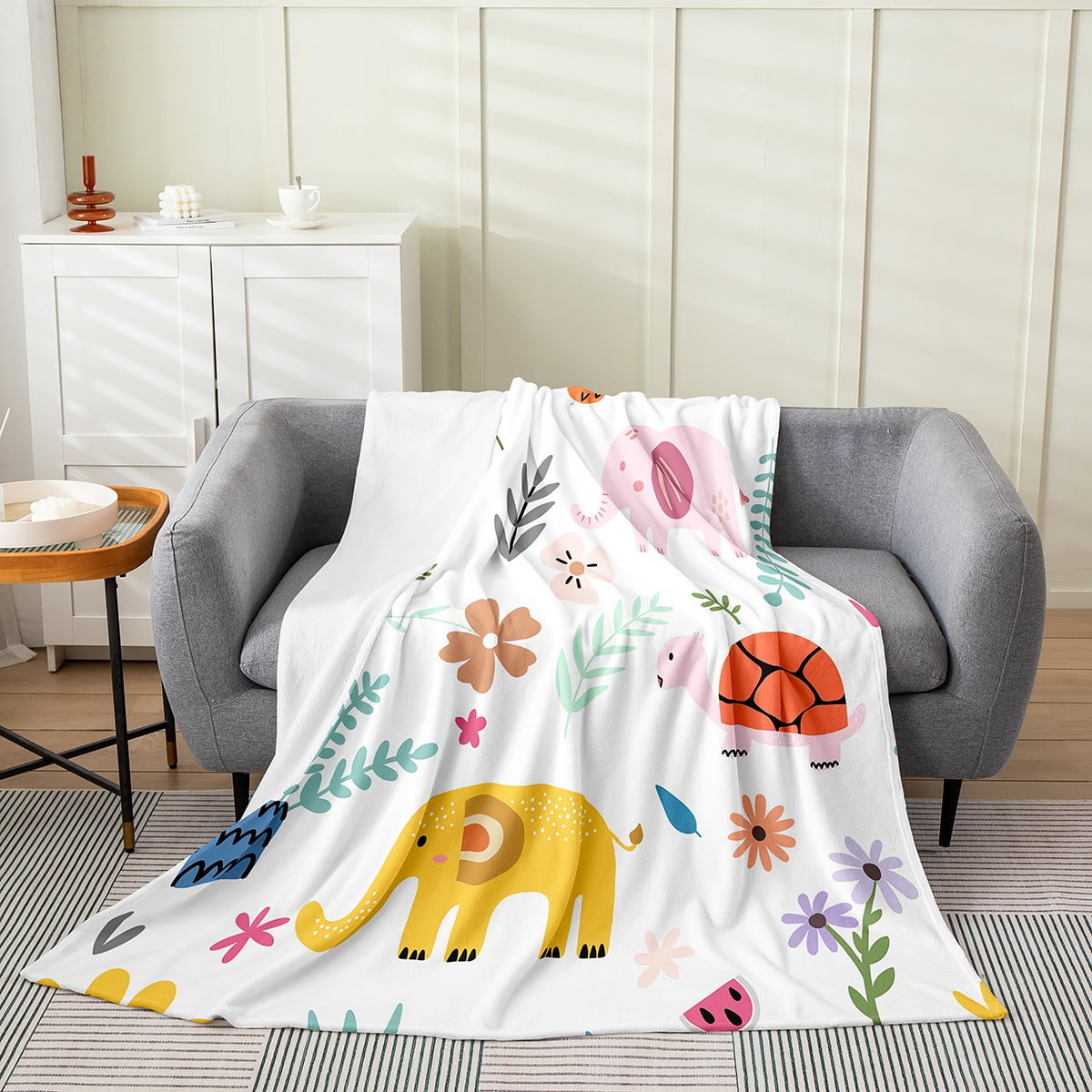Jungle Animals Throw Blanket Fleece Blanket Cartoon Elephants Turtle ...