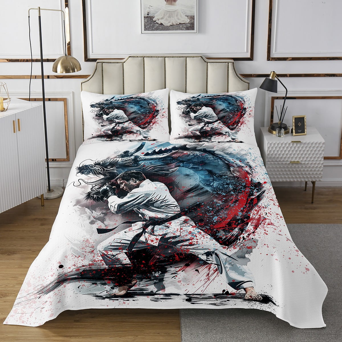 YST Karateka Dragon Twin Quilt Set Japanese Kung Fu Dragon Bedspread ...