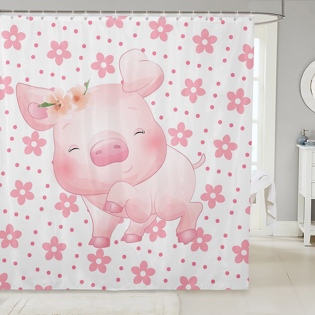 Kawaii Animal Bath Curtain Cartoon Piggy Pig Shower Curtain, Pink ...