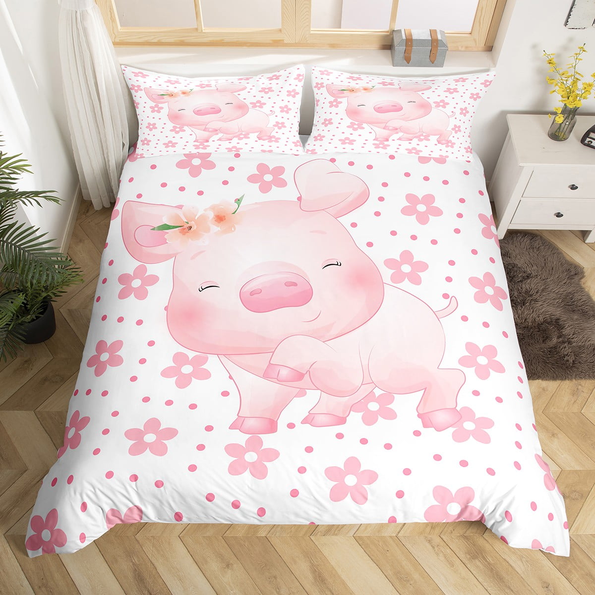 Kawaii Animal Bed Set Cartoon Piggy Pig Duvet Cover, Pink Flowers ...