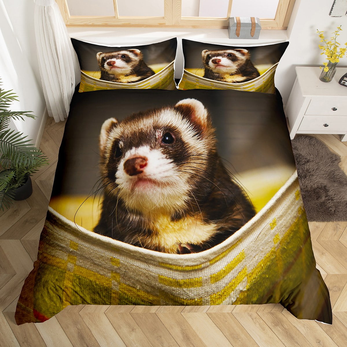 YST Kawaii Animal Bedding Sets King Lovely Ferret Comforter Cover, Kids Toddler Brown Bed Set ...