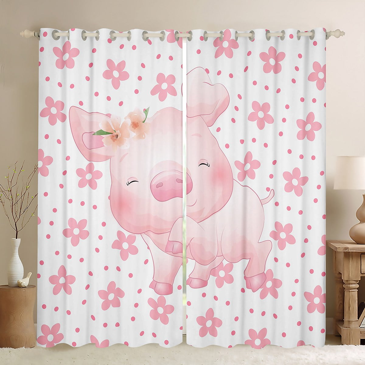 Kawaii Animal Curtains & Drapes Cartoon Piggy Pig Curtains, Pink ...