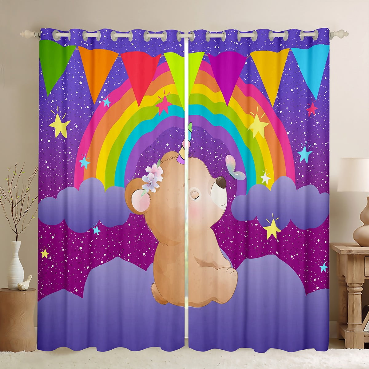 YST Kawaii Bear Blackout Curtains Kids Cartoon Galaxy Stars Fantasy ...