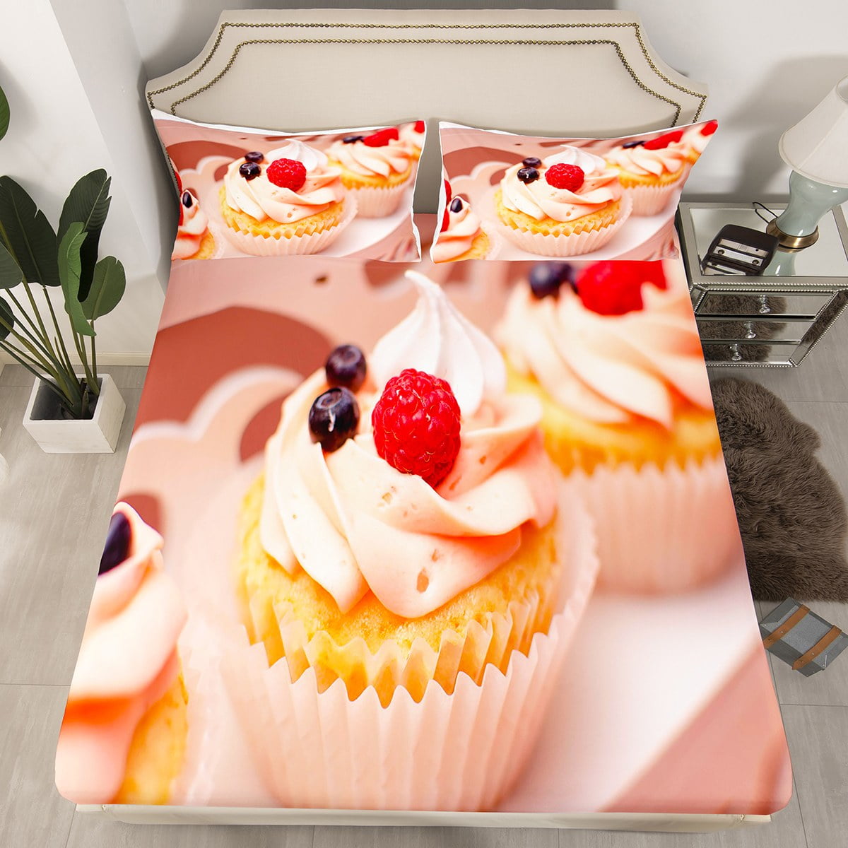 Kawaii Bedding Set Queen Women,Fruit Cup Cake Fitted Sheet Funny Decor ...
