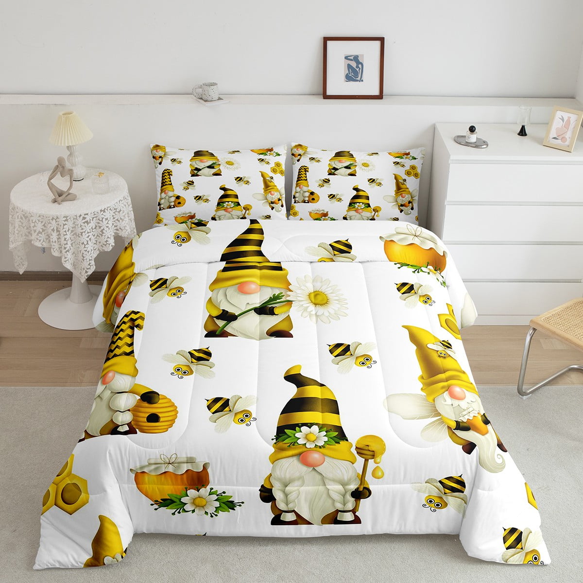 Kawaii Bee Gnome Bedding King Cartoon Honey Bee Comforter Set, White ...