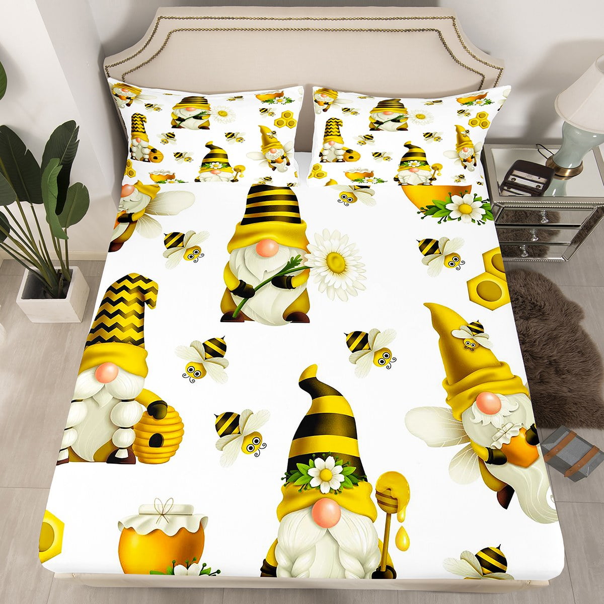 Kawaii Bee Gnome Twin Sheets Cartoon Honey Bee Bed Sheets, White and ...