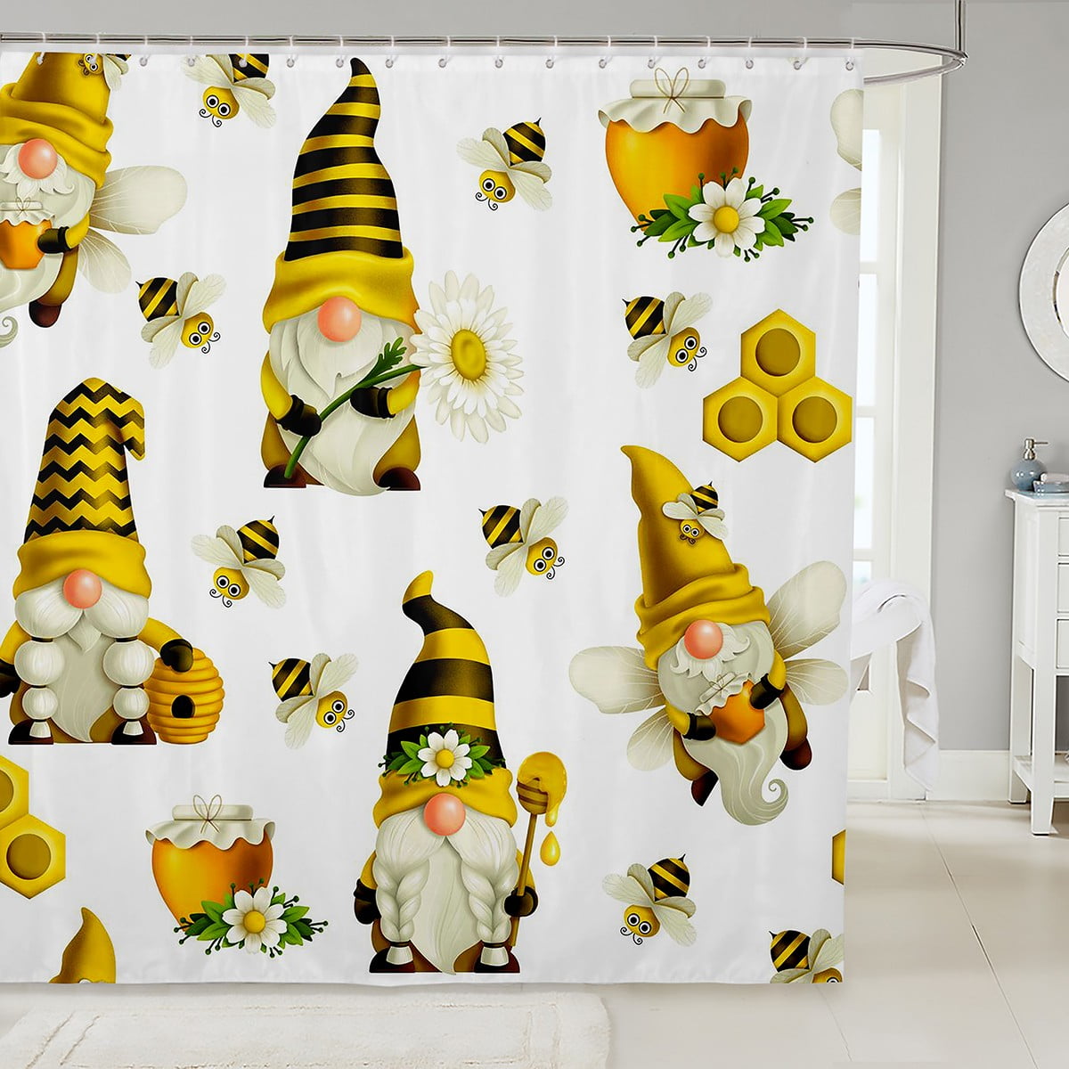 Kawaii Bee Gnome Waterproof Bathroom Curtain Cartoon Honey Bee Bath ...
