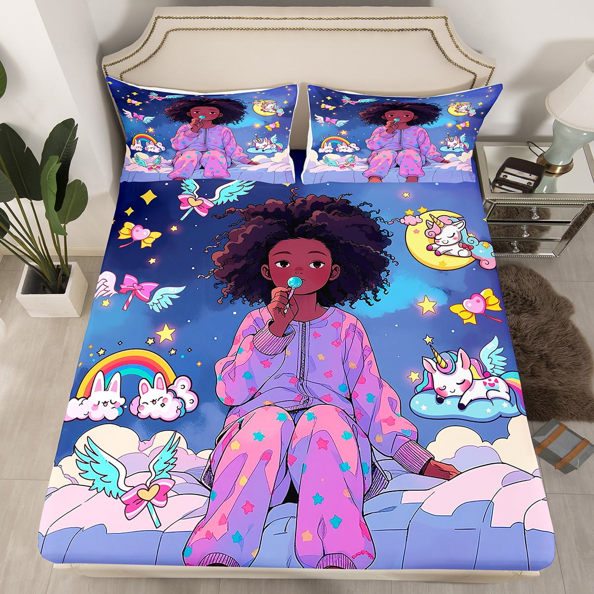 YST Kawaii Black Girls Bed Sheets Twin Size Cute Unicorn Fitted Sheet ...