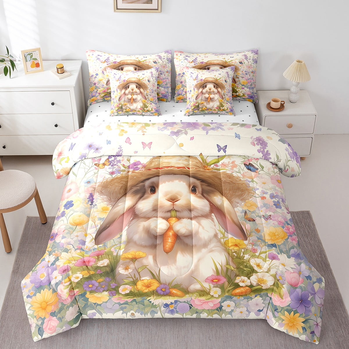 YST Kawaii Bunny Comforter Set Twin 7 Piece,Butterfly Flowers Rabbit ...