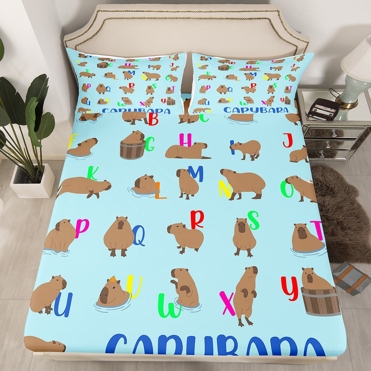 Erosebridal Kawaii Capybara Bed Sheets Alphabet Fitted Sheet Full Size ...