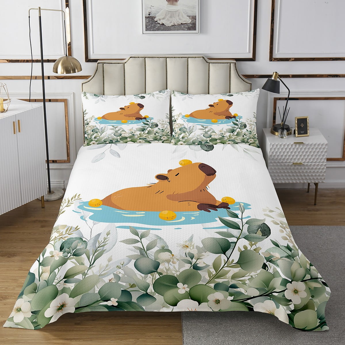 Kawaii Capybara King Quilt Set Cartoon Animal Coverlet Set, Eucalyptus ...