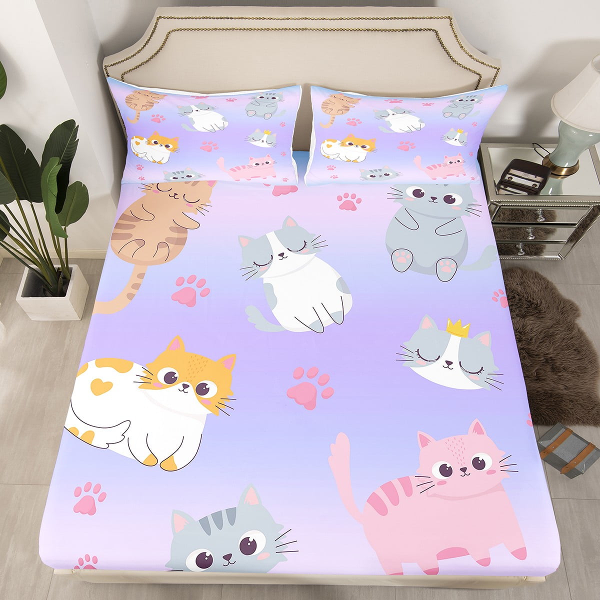 Kawaii Cat Bed Sheets Pink Blue Purple Pastel Sheets Rainbow Ombre Cats ...