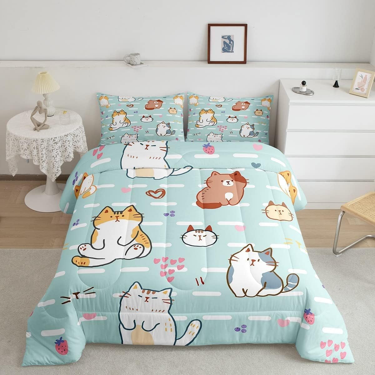 YST Kawaii Cat Comforter Set for Kids Animal Bedding Set King Cartoon ...