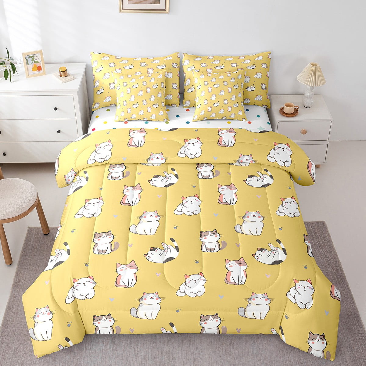 Kawaii Cat Full Comforter Set 7-Piece Cute Kitten Pet Bedding Comforter ...