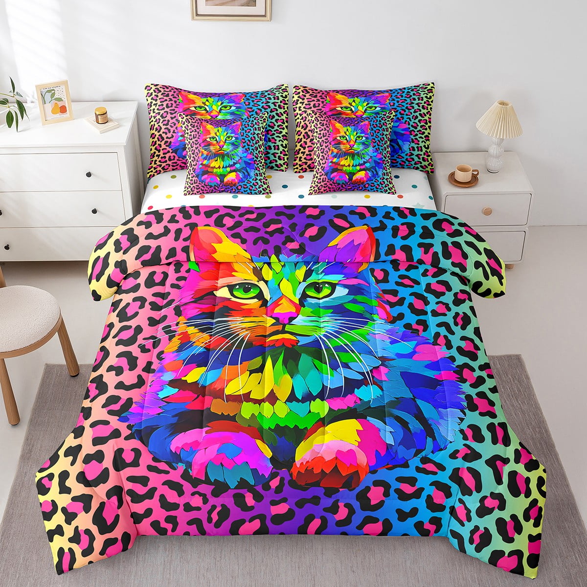 YST Kawaii Cat King Comforter Set 7-Piece Rainbow Leopard Print Bedding ...