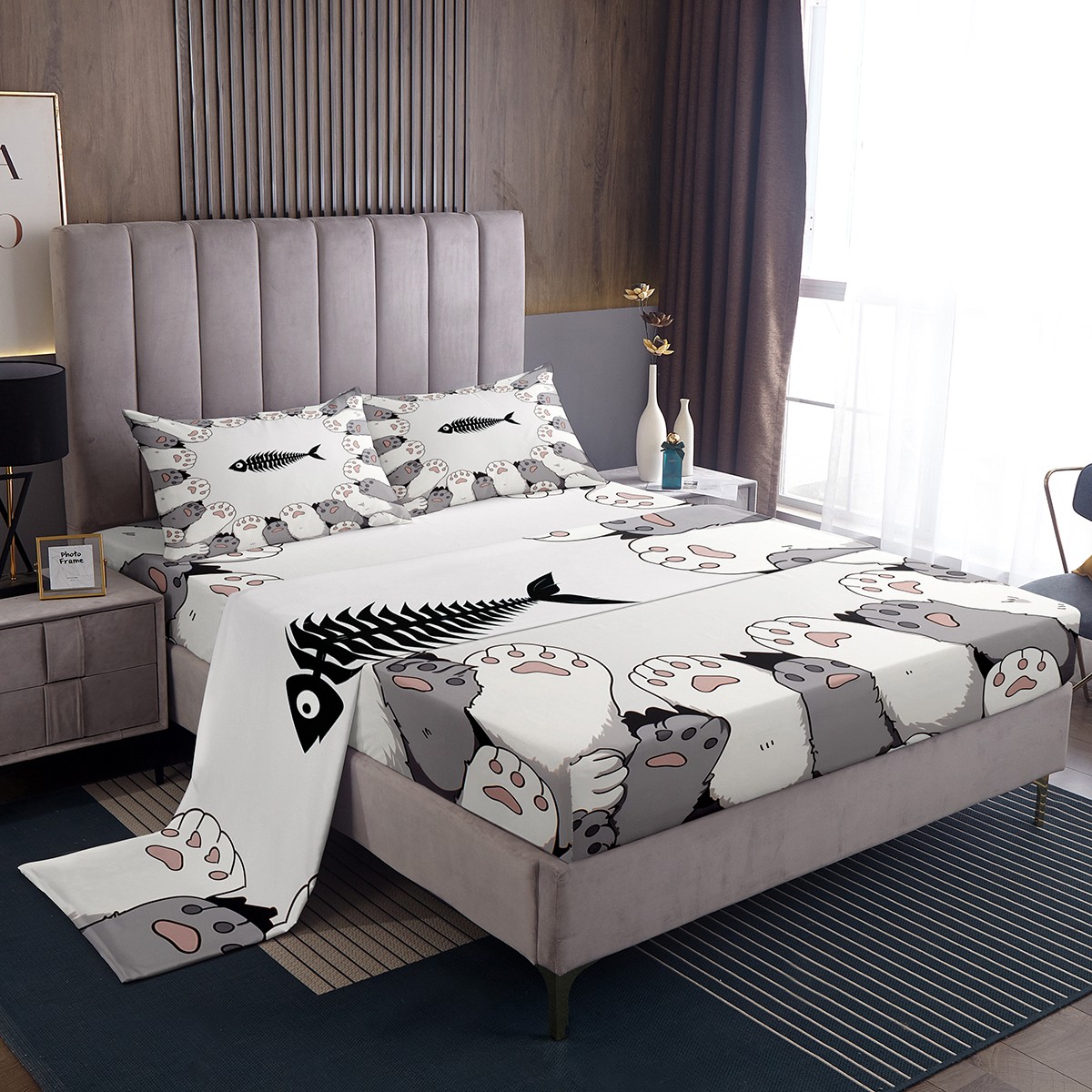 Kawaii Cat Queen Bed Sheets Set,Cute Cat Paw Print Bedding Set,Gifts ...