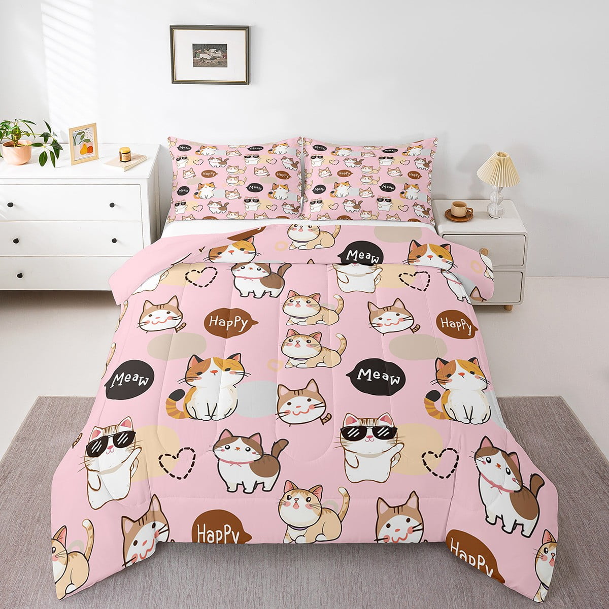 Kawaii Cat Queen Size Comforter Set Cute Kitten Animal Bedding Set ...