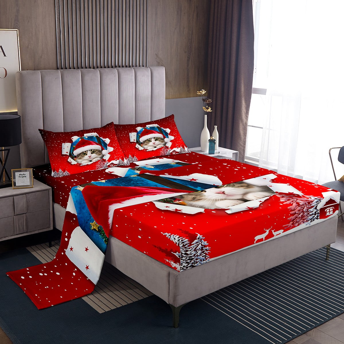 Kawaii Cat Sheets Christmas Tree Reindeer Bed Sheets Set 4Pcs, Queen ...