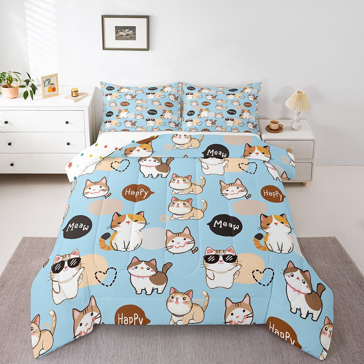 Kawaii Cat Bedding Sets Cute Kitten Animal Comforter Set, Light Blue ...