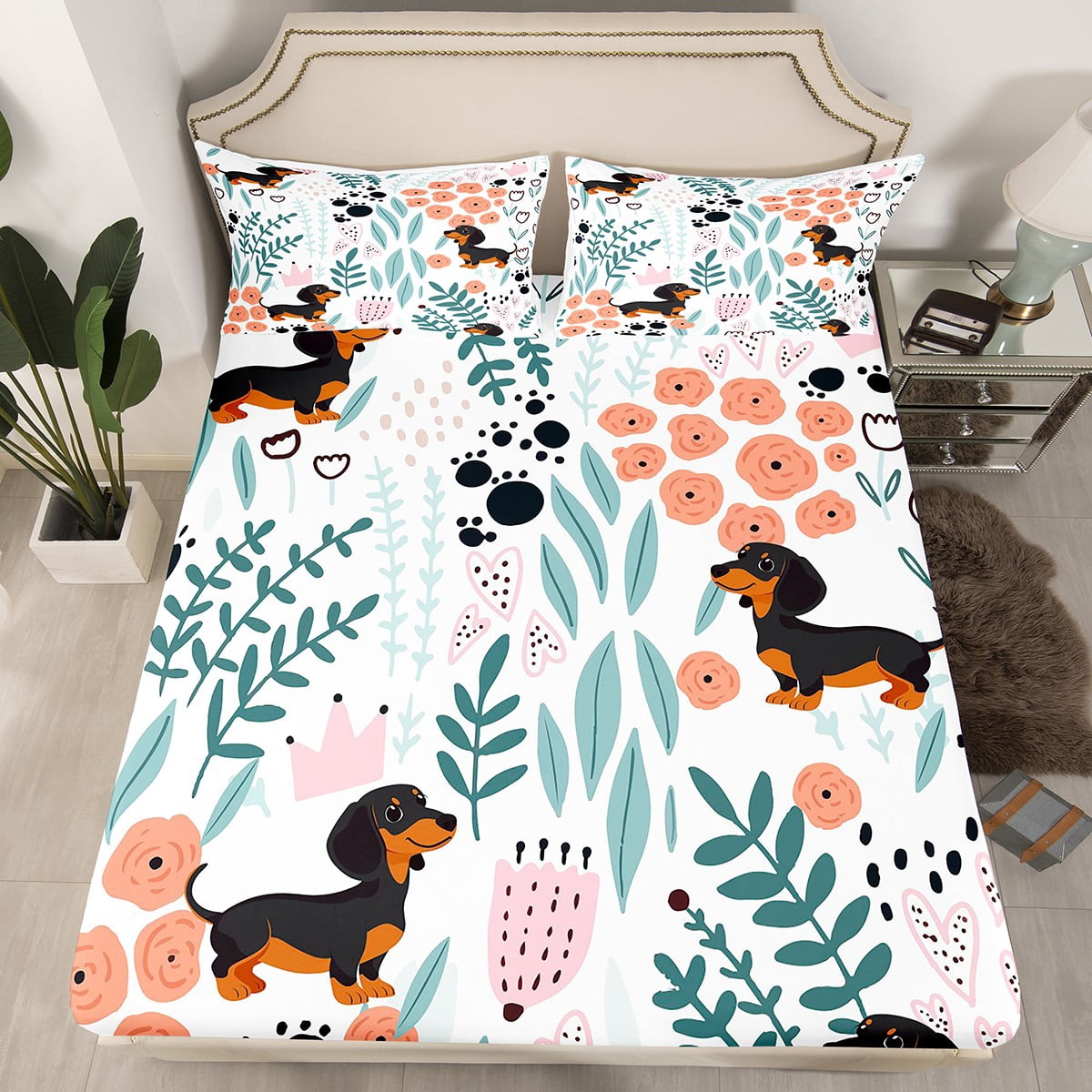 YST Kawaii Dachshund Fitted Sheet Queen,Cartoon Puppy Dog Bedding Set ...