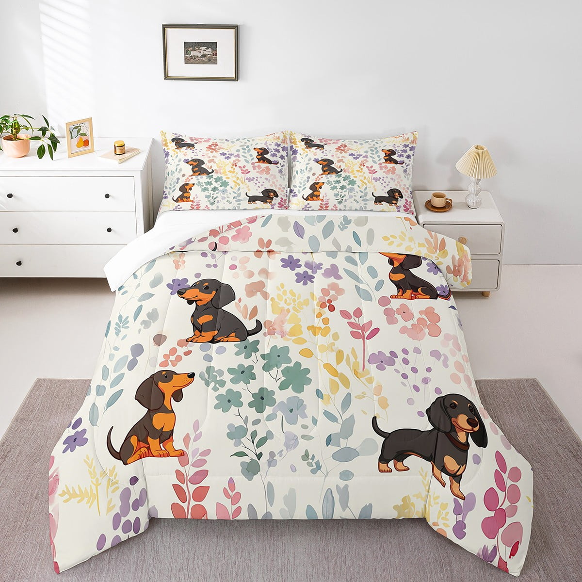 Kawaii Dachshund Twin Bedding Set,Colorful Flower Dog Comforter Set ...