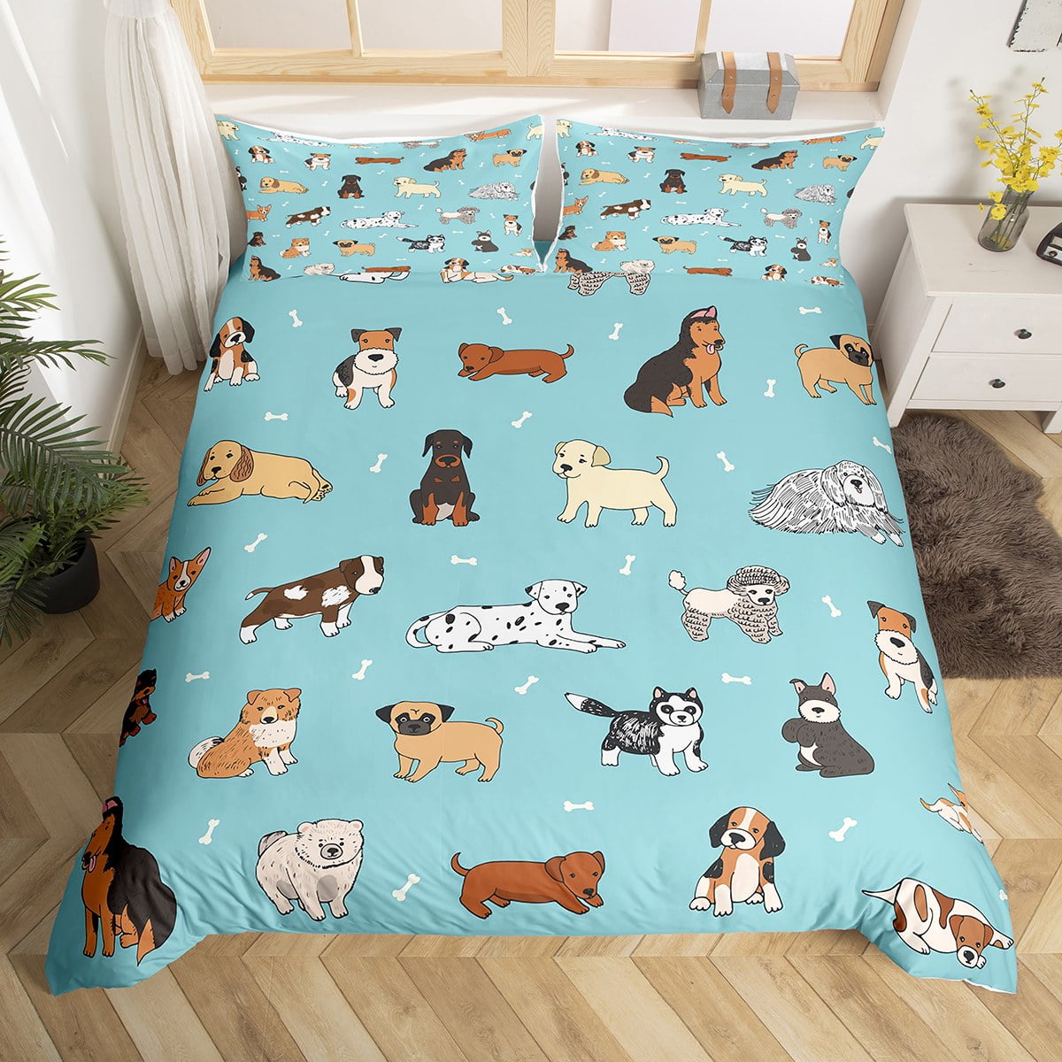 Erosebridal Kawaii Dog Duvet Cover Queen Corgi Pug Bedding Set, Cute ...