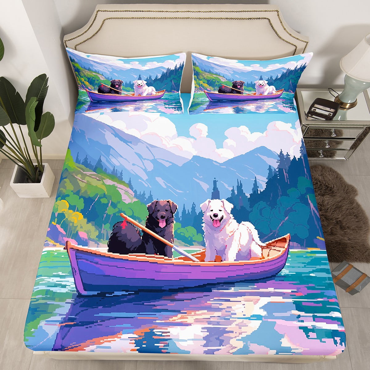 YST Kawaii Dog Fitted Sheet Queen Size Funny Rowing Bed Sheets For Kids ...