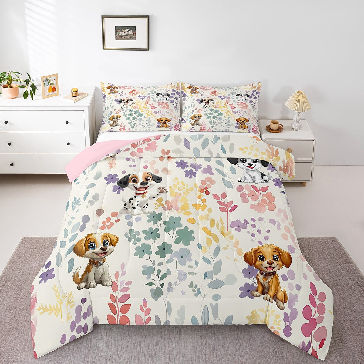 Kawaii Dog Queen Comforter Set,Cute Rainbow Flower Dog Bedding Set Pet ...