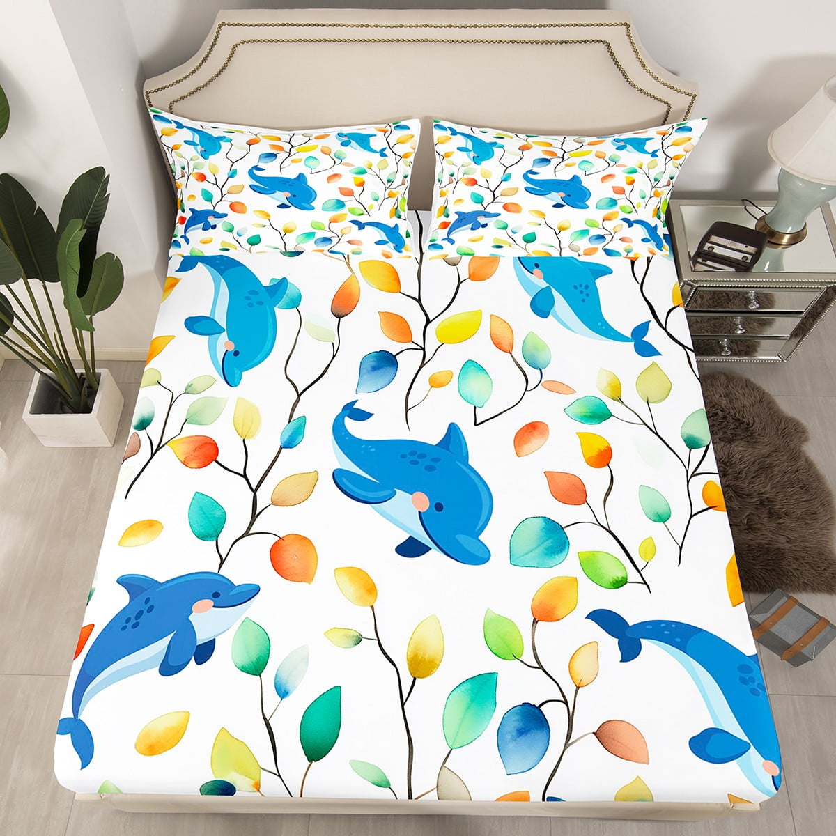 YST Kawaii Dolphin Bed Sheets for Girls Boys Chic Elegant Floral Fitted ...