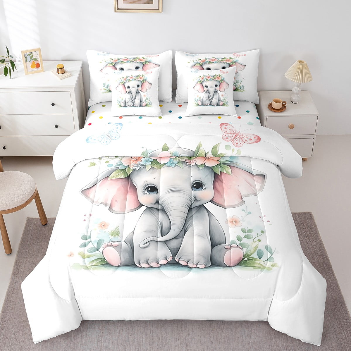 YST Kawaii Elephant Bed in a Bag 7pcs Cartoon Animal Bedding Set, Cute ...
