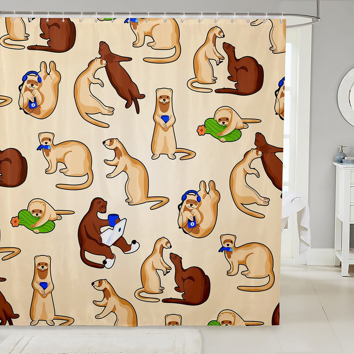 Kawaii Ferret Bathroom Curtain Funny Animal Bath Curtain, Cute Wildlife ...