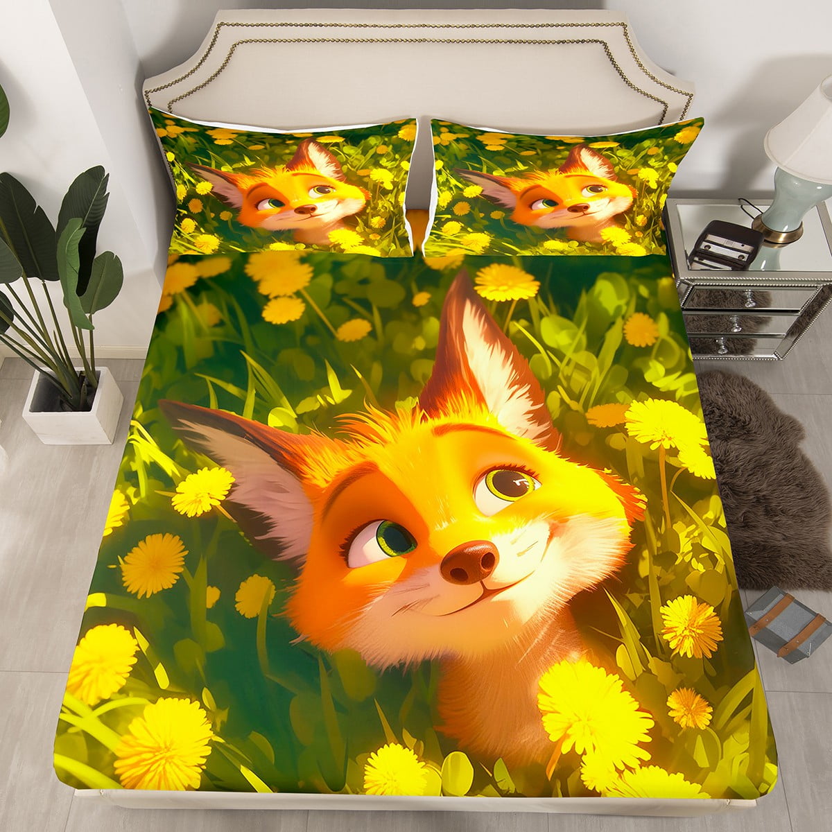 YST Kawaii Fox Bed Sheets Twin Flowers Fitted Sheet For Children ...