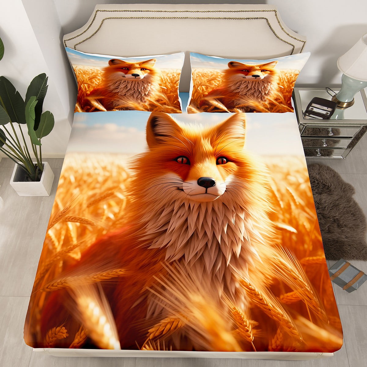 Kawaii Fox Bed Sheets Twin Wheat Field Fitted Sheet Cartoon Animal ...