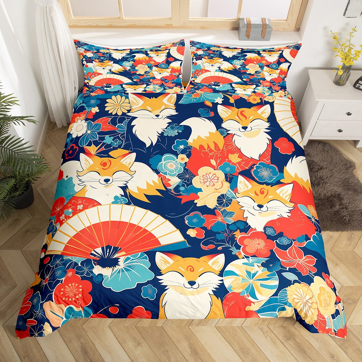 YST Kawaii Fox Bedding Sets King Rainbow Cherry Blossoms Bed Set ...