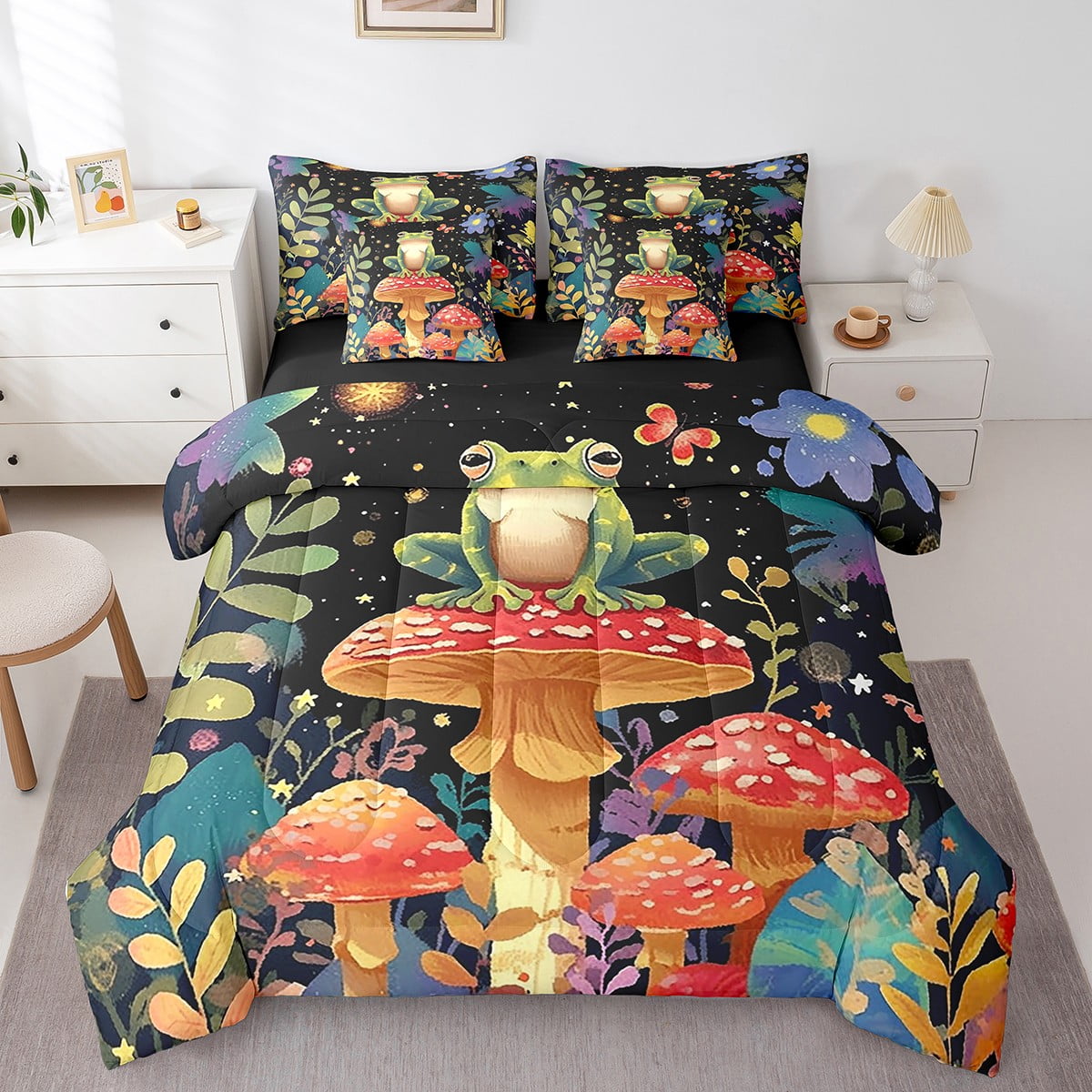 Kawaii Frog Bed in a Bag Twin Comforter Set 7 Piece,Mushroom Wild ...