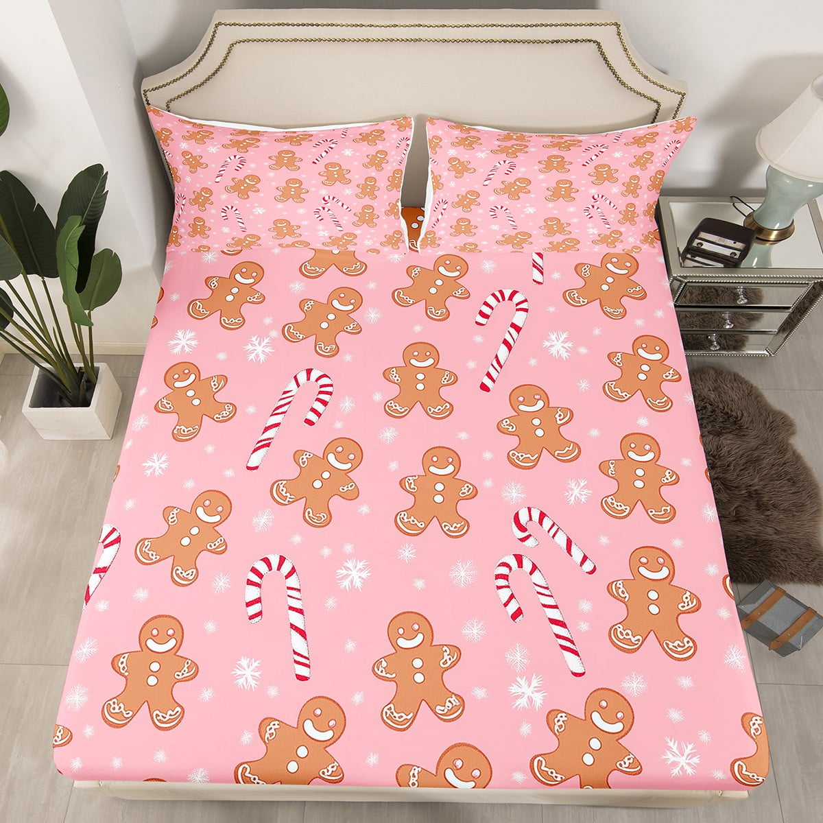 Kawaii Gingerbread Man Bed Sheets Pink Christmas Bedding Set Cute ...