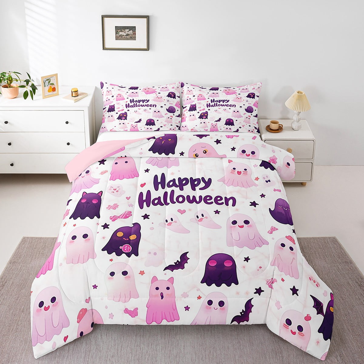 YST Kawaii Halloween Kids Bedding Set Twin Pink Purple Cute Ghost ...