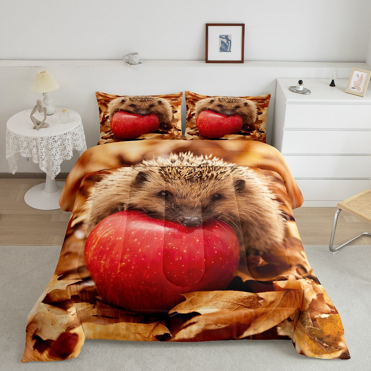 Kawaii Hedgehog Comforter Set Queen Sweet Fruit Bedding Set, Red Apple ...