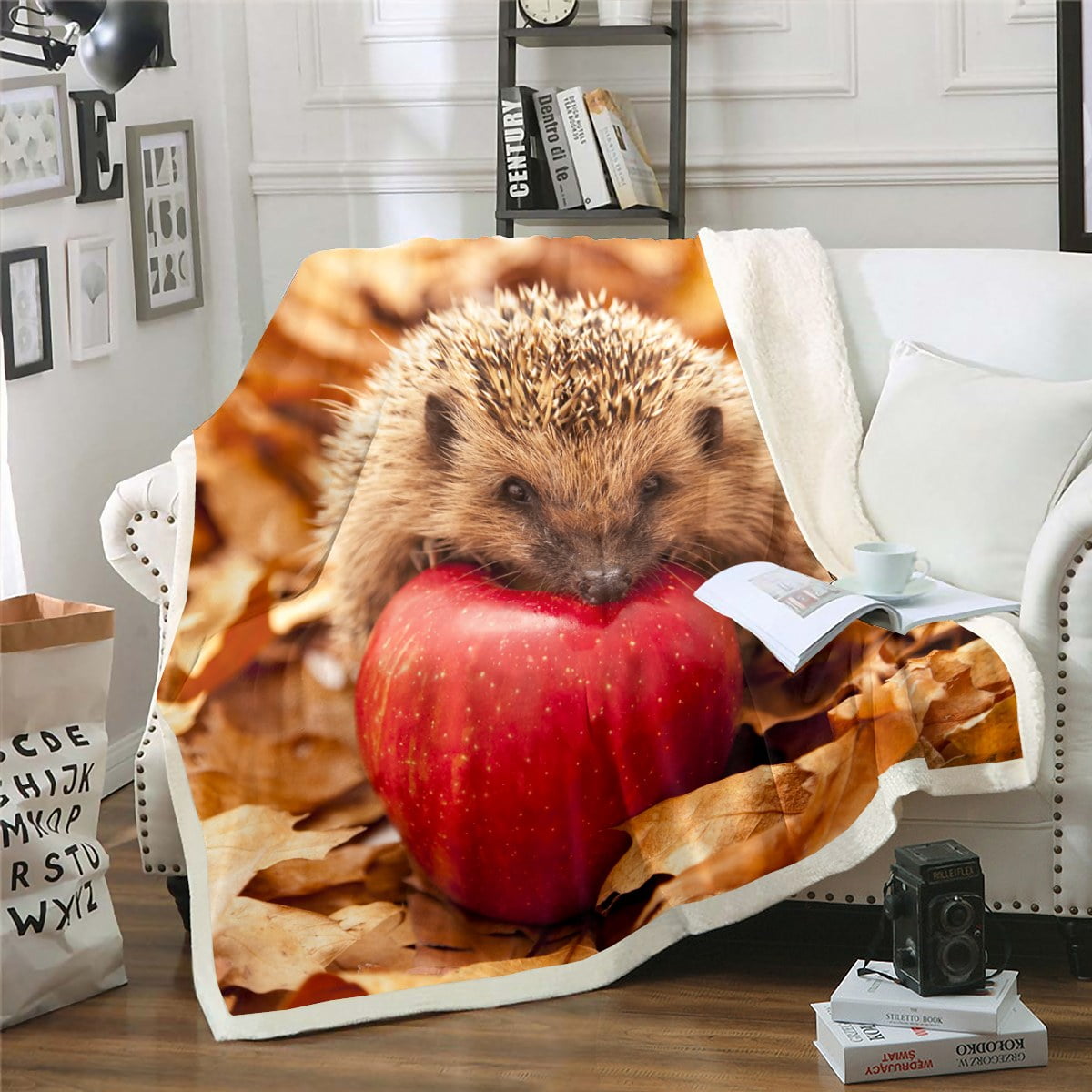 Kawaii Hedgehog Sherpa Blanket Sweet Fruit Blanket, Red Apple Throw ...
