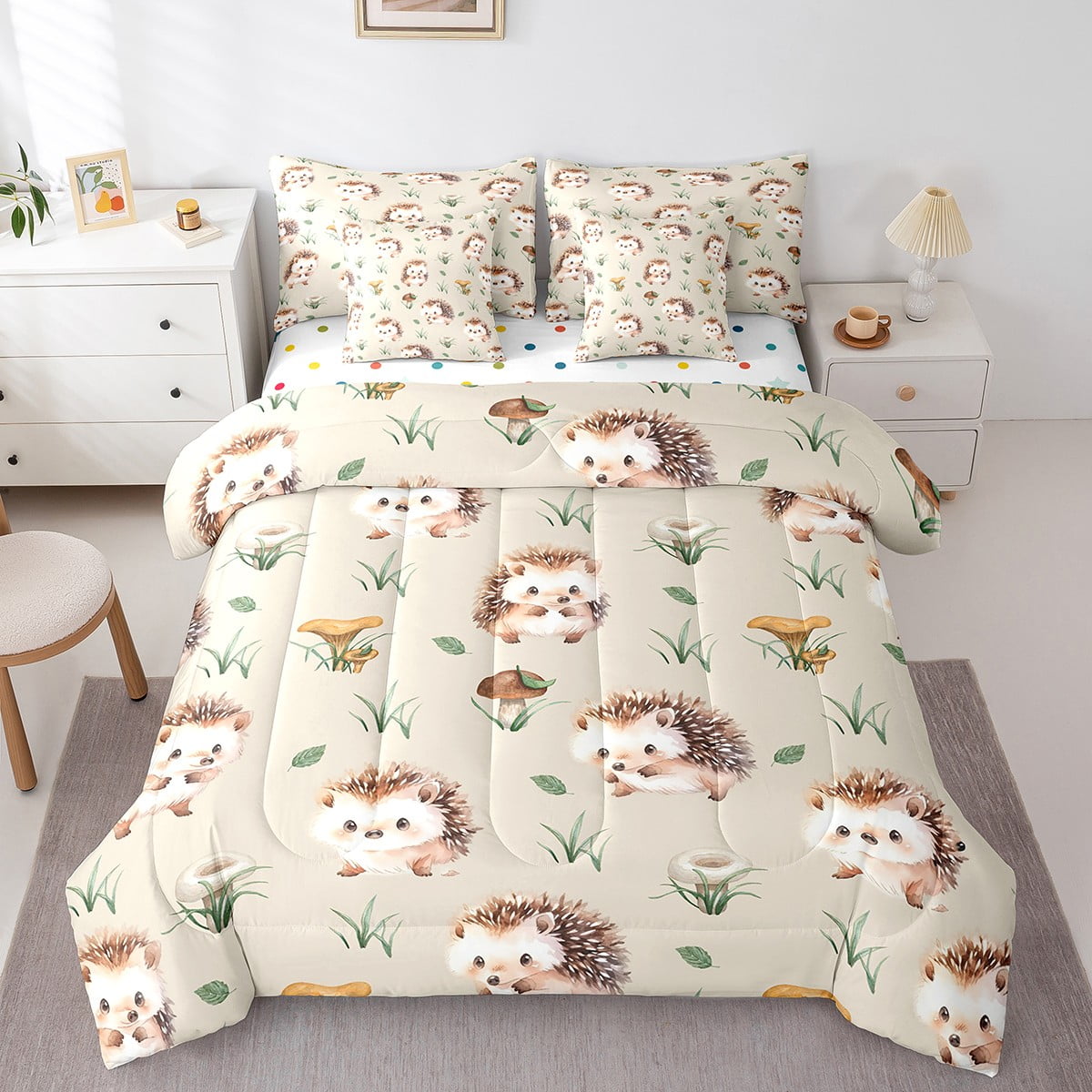 Kawaii Hedgehog Twin Comforter Set 7-Piece Cute Animal Bedding ...